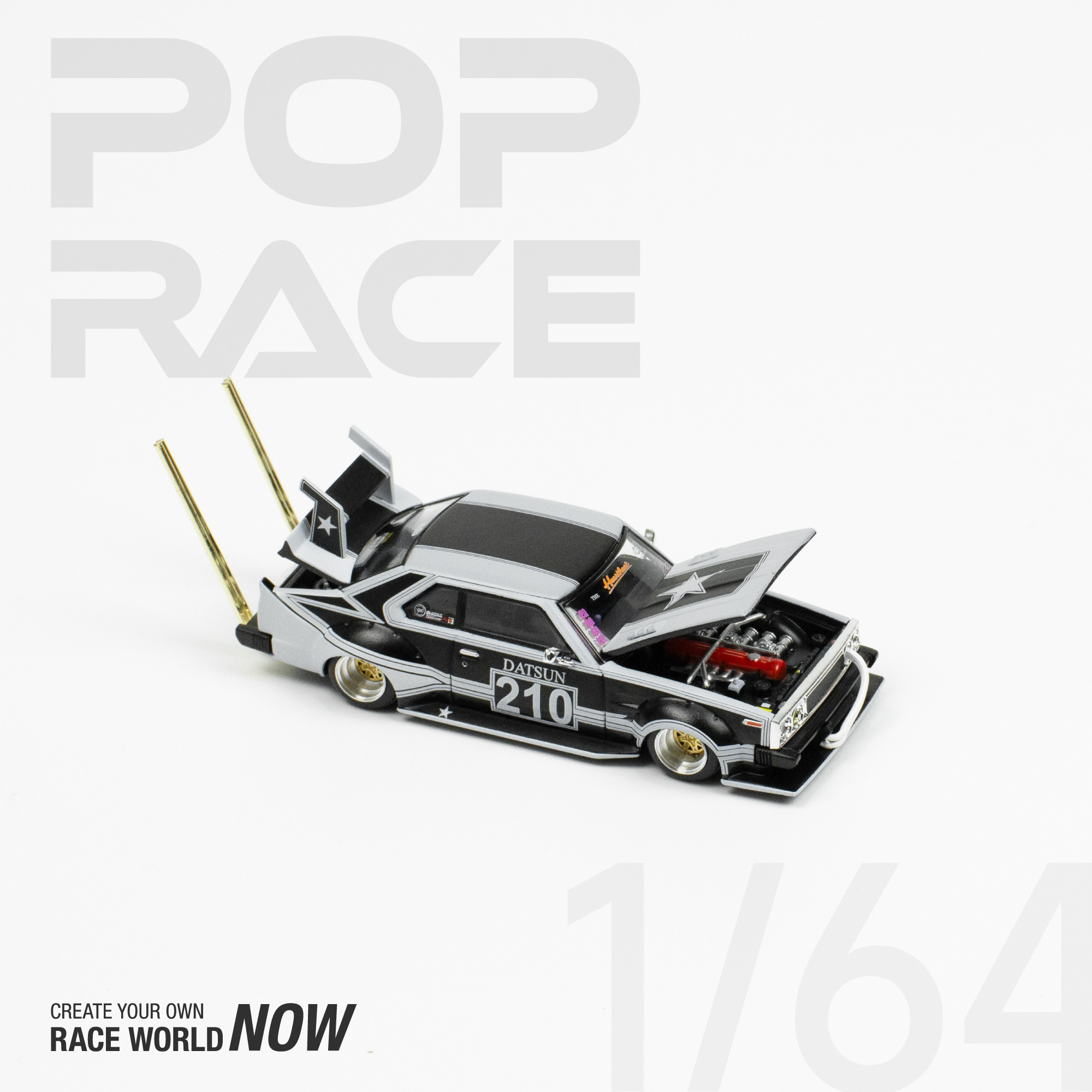 POPRACE 1/64 SKYLINE C210 BOSOZOKU STYLE MATT BLACK (WITH CHASE CAR ...